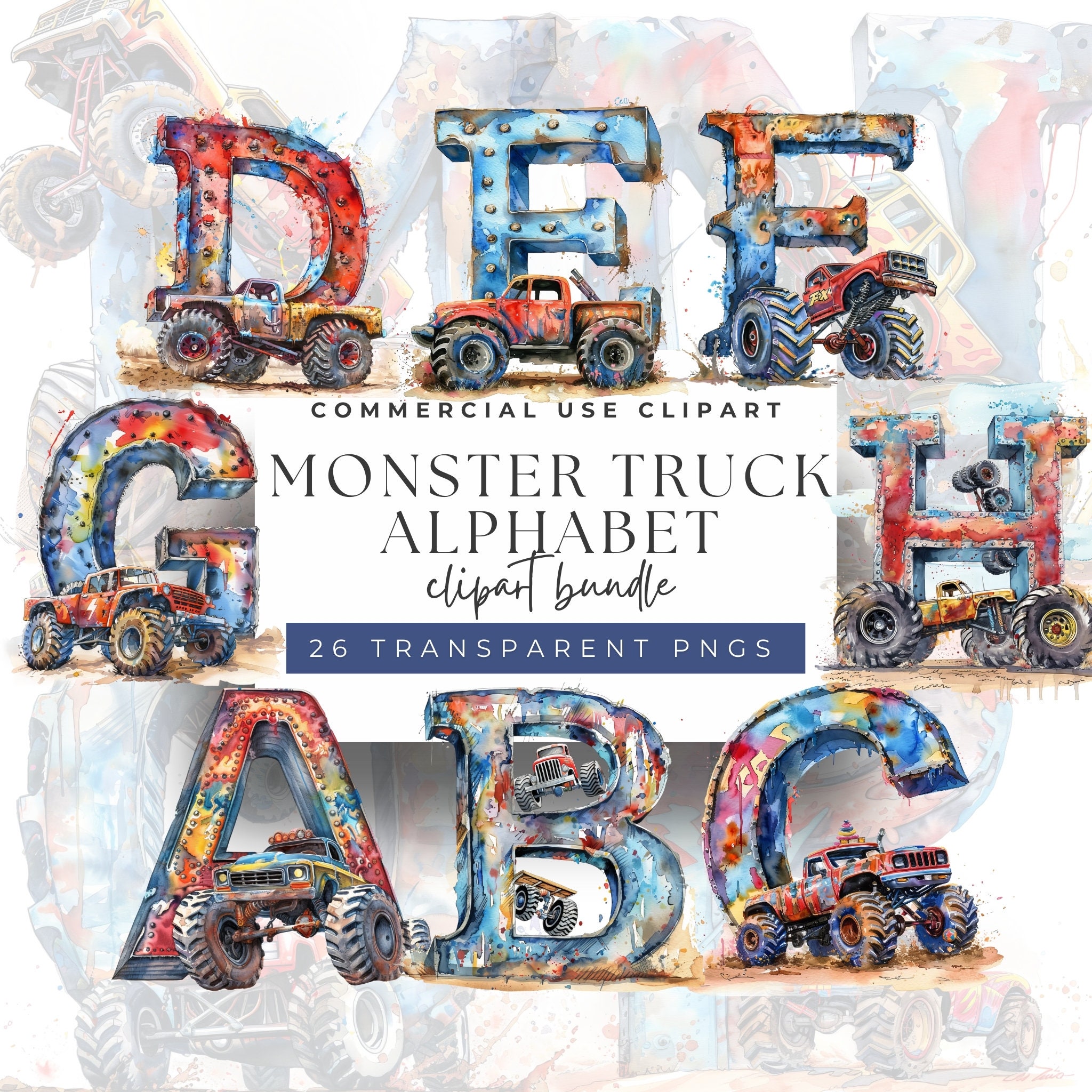 Monster Wheels ABC - Watercolor Monster Truck Alphabet Clipart ...