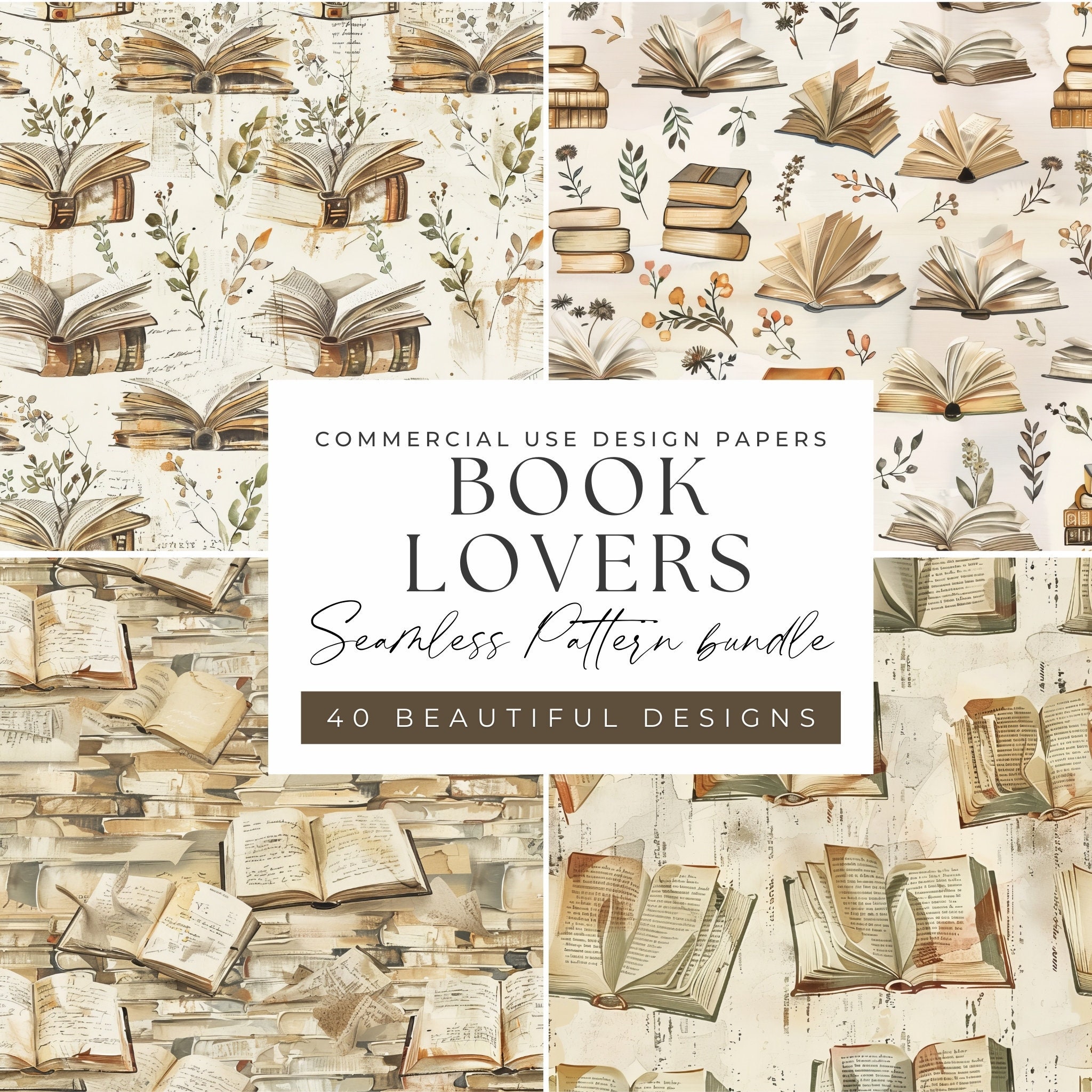 Literary Charm Seamless Digital Papers - 40 Book-Themed Designs ...