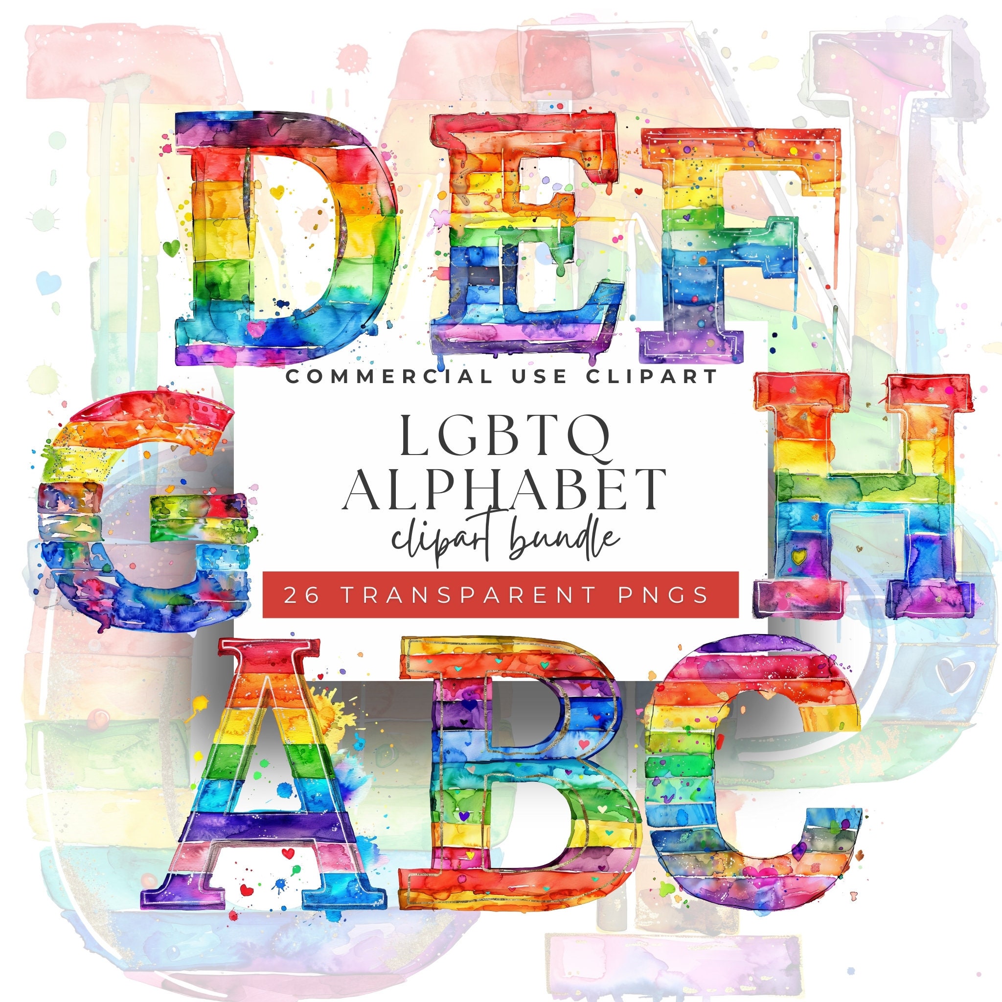 Pride Alphabet Clipart | 26 LGBTQ Rainbow Letters PNG | Watercolor Gay ...
